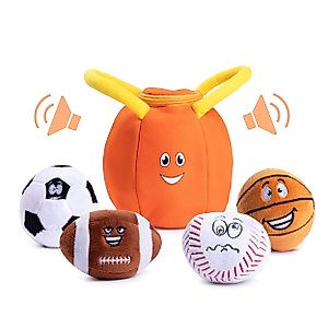 Plush Creations Talking Sports Plush Bag with 4 Talking Soft Plush Balls. Sport Set Includes Plush Sports Bag Plush Basketball Plush Baseball Plush Soccer Ball and Plush Football