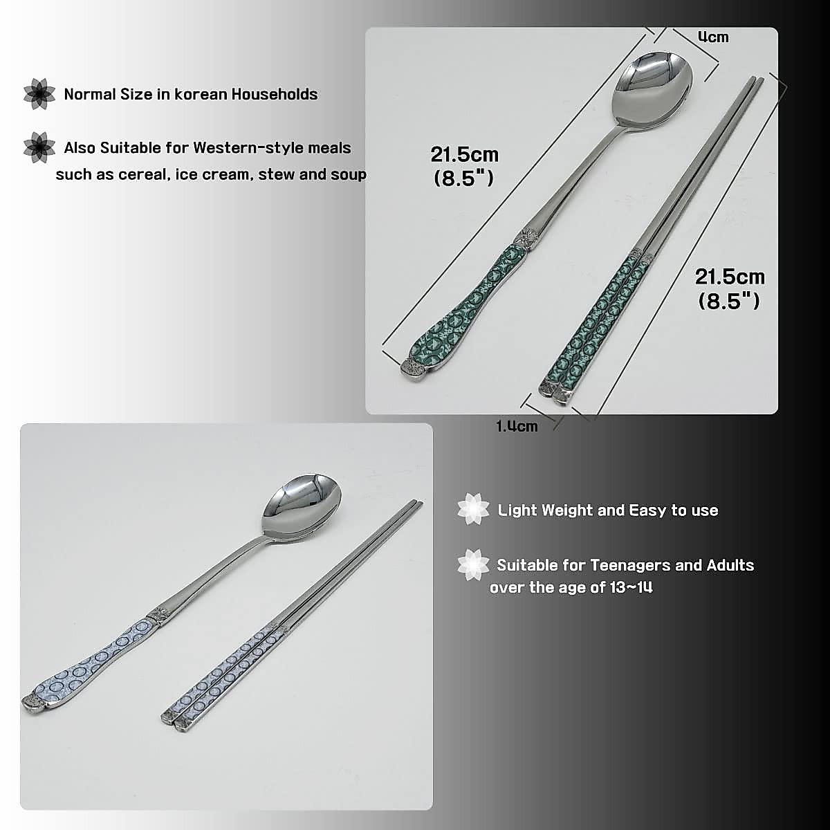 BALWOO [Made in Korea] Goryeo Celadon Design Korean Table Sticky Rice Spoon and Chopsticks 430 Stainless Steel Glossy Surface Mukbang Cutlery (Blue)