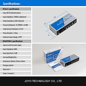 JOYO Passive Reamping and Phantom Powered Active Direct Box, Re-Amping Direct Box with 6.35mm and XLR Input 2 in 1 for Guitarist Bass Performance or Recording (JDI-48)