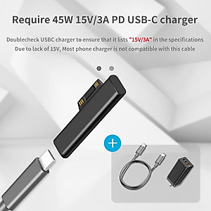 Sisyphy Surface Connect to USB C Charging Adapter (Basic Black, Connector only, 1 Pack), Compatible for Microsoft Surface Pro 7/6/5/4/3 Go 1/2 Laptop 4/3/2/1, Works with 45W 15V3A USBC Power Supply