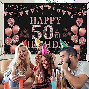 Trgowaul 50th Birthday Decorations Set: Includes Rose Gold Birthday Backdrop Banner 5.9 X 3.6 Fts, Rose Gold Back in 1973 Birthday Poster Acrylic Table Sign with Stand