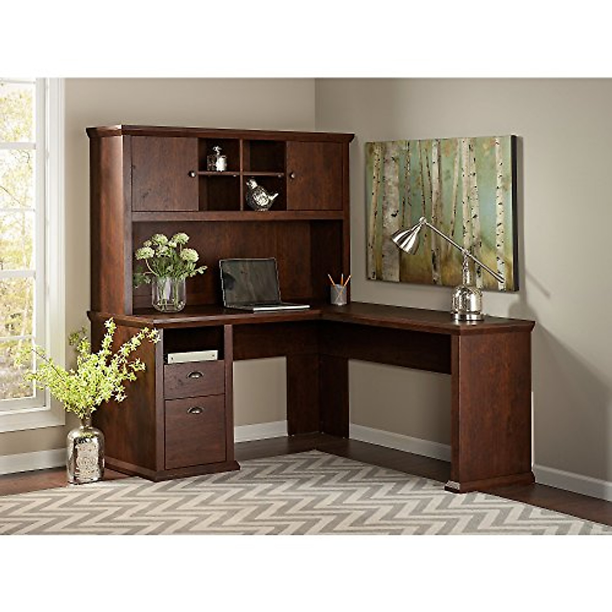 Bush Furniture Yorktown L Shaped Desk with Hutch in Antique Cherry