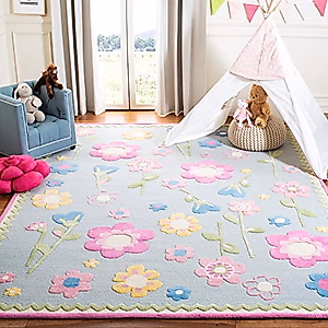 SAFAVIEH Kids Collection Accent Rug - 4' x 6', Blue & Multi, Handmade Floral Wool, Ideal for High Traffic Areas in Entryway, Living Room, Bedroom (SFK311A)