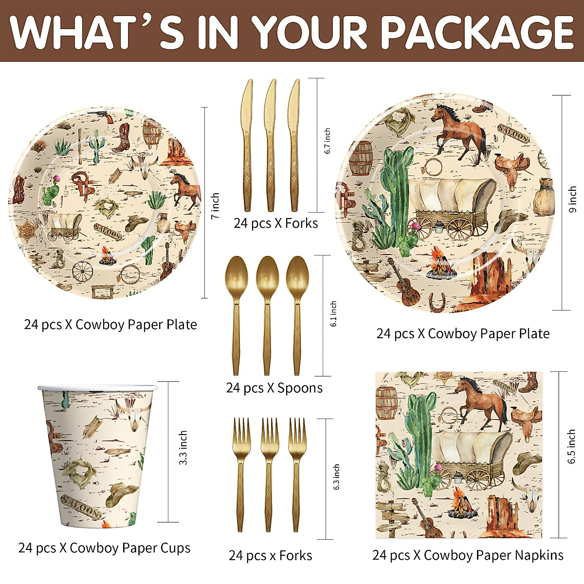 HIPVVILD Western Cowboy Party Decorations Tableware - Wild West Rodeo Theme Birthday Baby Shower Party Supplies Table Decorations, Paper Plate, Cup, Napkin, Disposable Cutlery | Serve 24