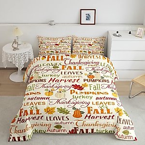 Fall Pumpkin Comforter Set King Size,Nature Farmhouse Plants Quilt Set 3Pcs,Rustic Maple Leaves Bedding Set for Kids Girls Boys Teens Room Decor,Thanksgiving Day Duvet Insert,2 Pillowcases