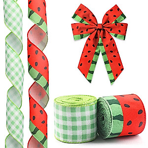 Hying 2 Rolls Summer Watermelon Ribbons Wired for Wreath Bows Wrapping Gifts, Fruit Watermelon Green Plaid Ribbon for Gift Wrapping Birthday Party Decoration Crafts 2.5" X 10 Yards Wired Edge Ribbon