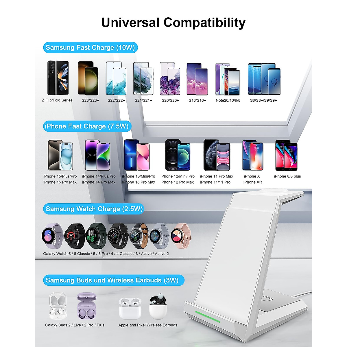 Wireless Charging Station for Samsung - NANAMI 3 in 1 Wireless Charger for Multiple Devices, Fast Charger Stand for Galaxy S24 S23 Ultra S22 S21 Z Flip Fold 4, Watch 6/5/5 Pro/4/3,Galaxy Buds 2 Pro