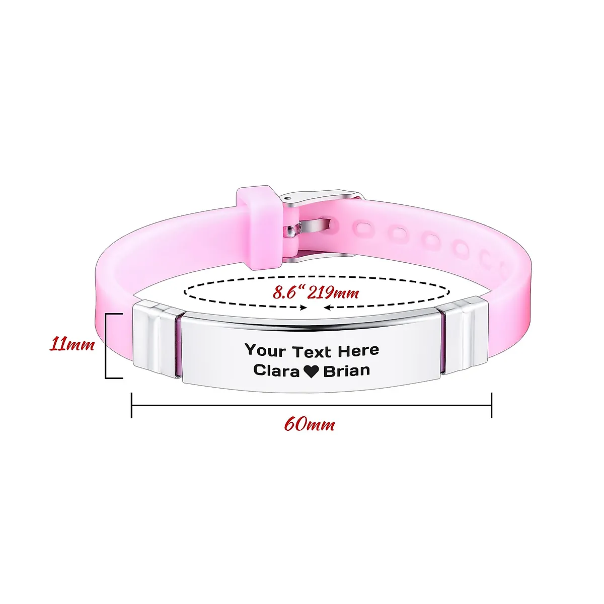 OTXIXTO Personalized Bracelet Engraving Names Silicone Sport Wrist Identification ID Tag Bracelet/Customized for Men Women Stainless Steel Rubber Adjustable Length(SA: pink belt)