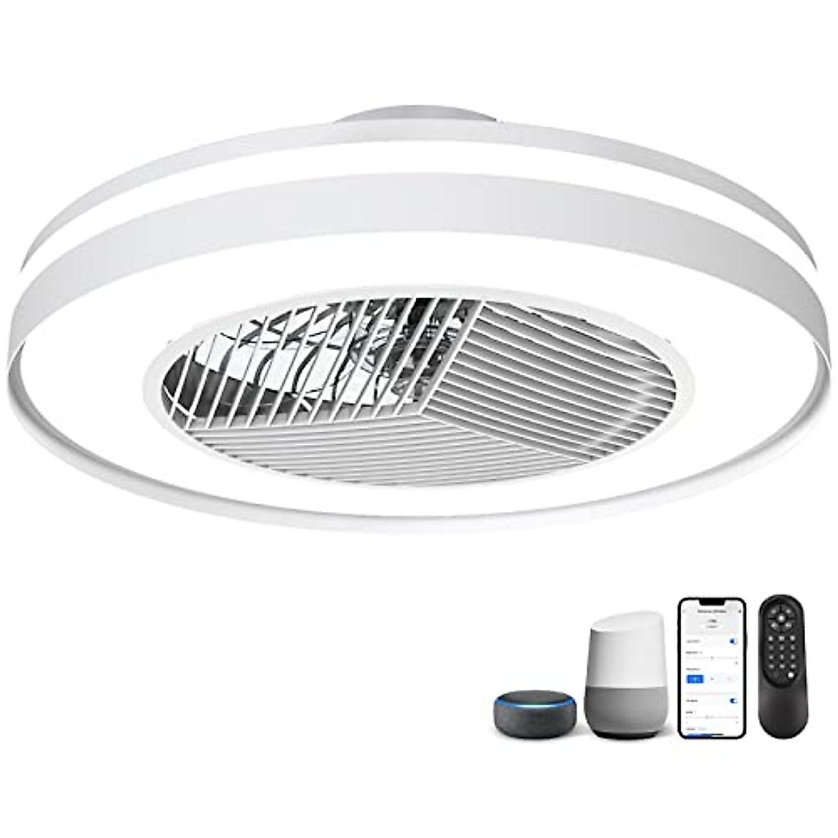 Ceiling Fan with Lights Remote Control,Dimmable Fan Lighting, 20'' Enclosed Bladeless Fan, Semi Flush Mount,2.4GHz Wi-Fi Bluetooth & App Controlled Works with Alexa and Google Assistant (Matte White)
