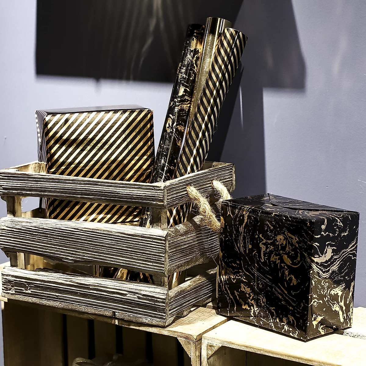 MAYPLUSS Wrapping Paper Roll - Mini Roll -17in x 120in Per roll -Black Gold Foil Marble Stripe,Gold for Birthday,Part,Wedding,Men's Vintage Wrapping Paper Roll all Occassions (42.3 sqft)