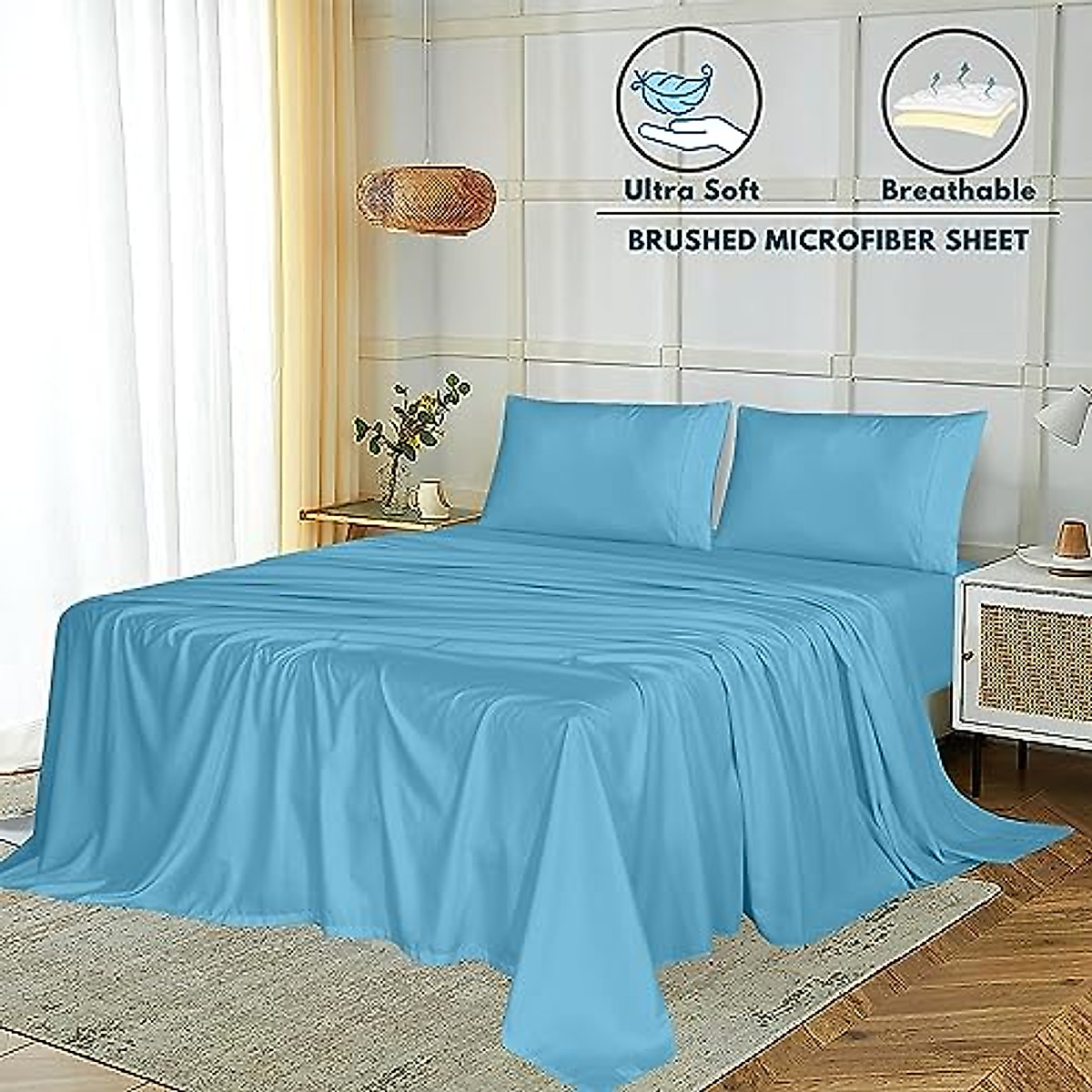 RUVANTI Full Size Sheets Set, Brushed Microfiber Sheets 4 Pieces (1 Fitted Sheet, 1 Flat Sheet, 2 Pillowcases), with 15-inch Deep Pockets, Lightweight & Compfy Premium Hotel Bedding, Sky Blue