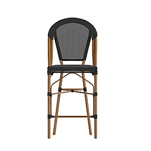 Merrick Lane Mael Bistro Style Stacking Counter Stools - Indoor/Outdoor Textilene Back and Seat - Natural Bamboo Finish Metal Frame - Set of Two - Black