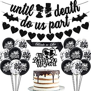 Black Glitter Till Death Do Us Part Banner Black Glitter Heart-Shaped Garland Cake Topper Latex Balloons Halloween Wedding Party Decorations Halloween Bachelorette Bridal Shower Decorations Halloween Engagement Party Supplies