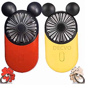 DECVO Cute Personal Mini Fan, Handheld & Portable USB Rechargeable Fan with Beautiful LED Light, 3 Adjustable Speeds, Portable Holder, for Indoor Or Outdoor Activities, Cute Mouse 2 Pack (Red+Yellow)