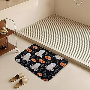 Bath Mat Pumpkins with Ghosts and Webs Design Bath Mats Halloween Holiday Foam Door Mats Bathroom Decorations Carpets Non-Slip Flannel Bath Rug Shower Floor Carpet 16x24 Inch