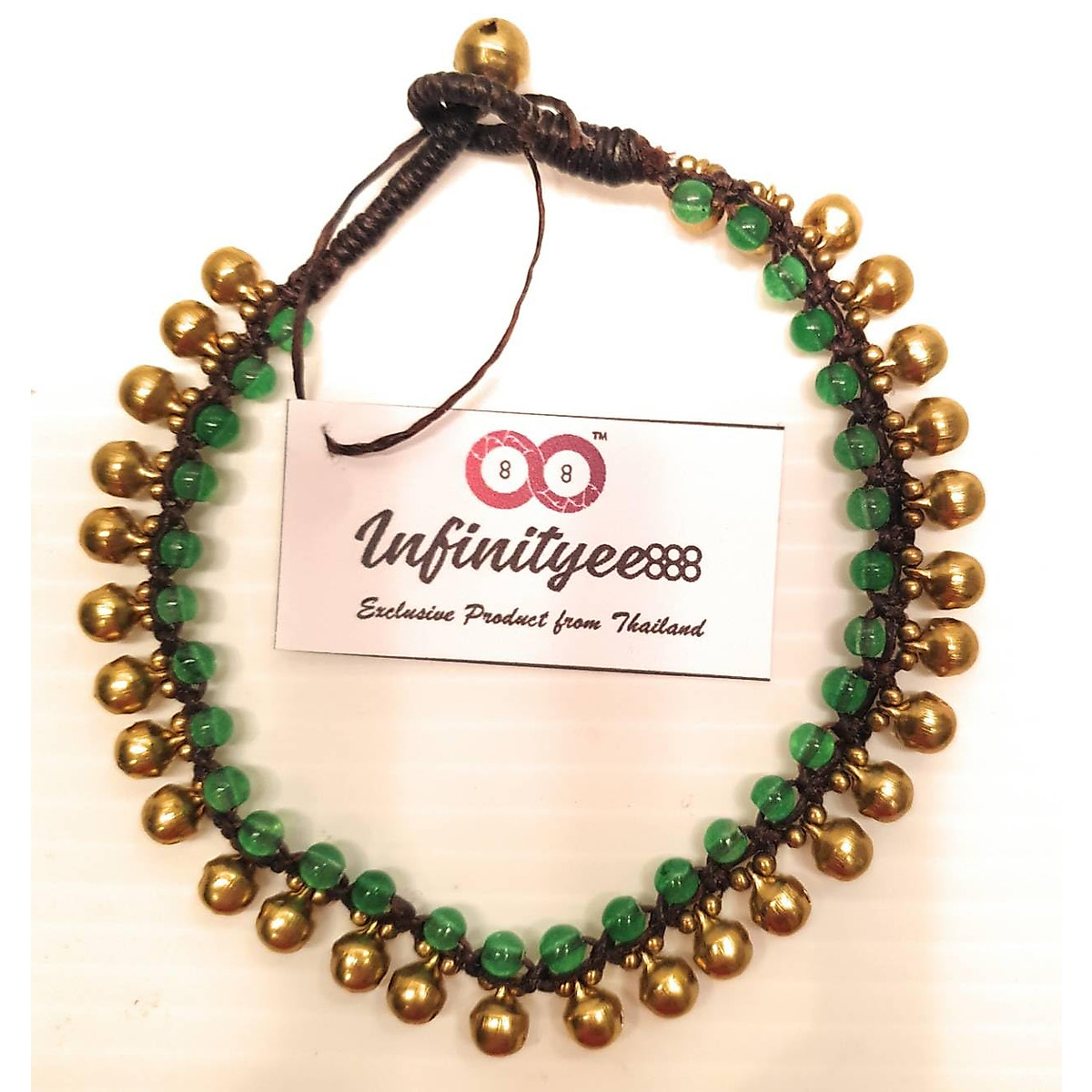 Infinityee888 Trendy Fashion Anklet Green Jade and Brass Bell Ankle Bracelet 10 Inches Woven with Wax Cord Beautiful Handmade Hippie Bohemian Style