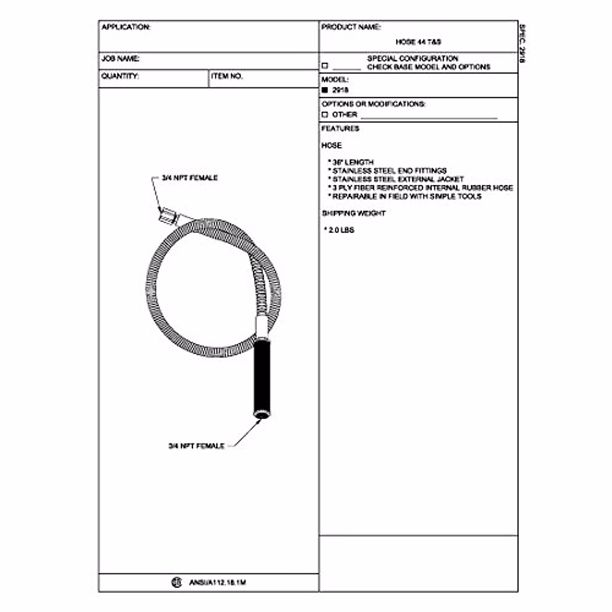 Fisher 2918 Replacment Pre-Rinse Hose, with handle, 44" long, brass