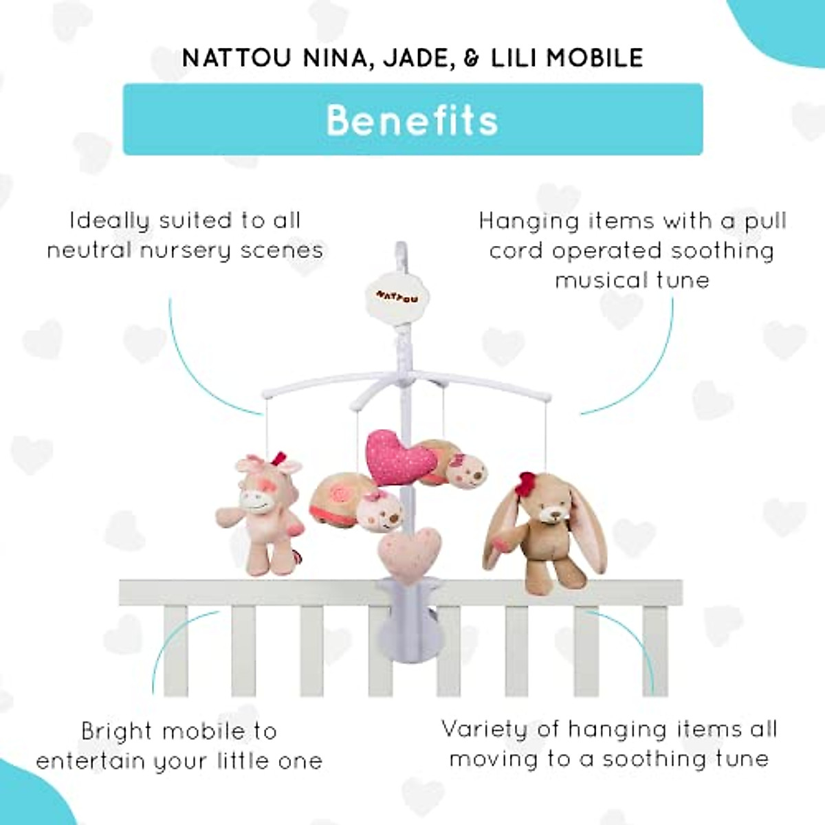 Nattou Mobile with Music Box Nina, Jade, & Lili - Gentle Lullaby La-Le-Lu, 37 X 31 X 9 cm, Pink