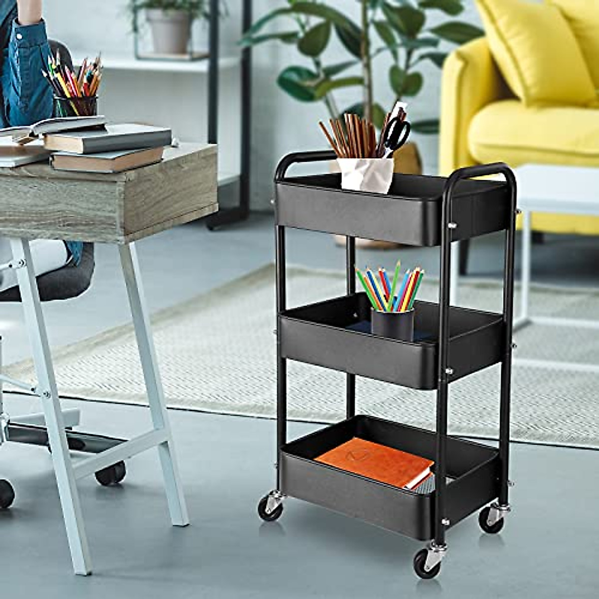 ABCOOL 3-Tier Metal Storage Organizer Rolling Utility Cart - Home Kitchen Bathroom Bedroom Office Classroom Laundry Cleaning Supplies Bar Craft Shelf Cart with Caster Wheels, College Dorm Essentials