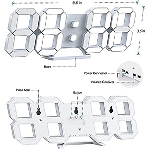 Led Digital Alarm, 3D Wall Clock Desk Auto Dimming 12/24 Hour Date Temperature Home Decor Remote Control Silent Snooze USB Nightlight Bedroom Living Room Kitchen Office 9.7inch Cool White