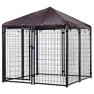 PawHut 5' x 5' x 5' Dog Kennel Outdoor, Walk-in Pet Playpen, Welded Wire Steel Dog Fence with Water-and UV-Resistant Canopy, Jet Black