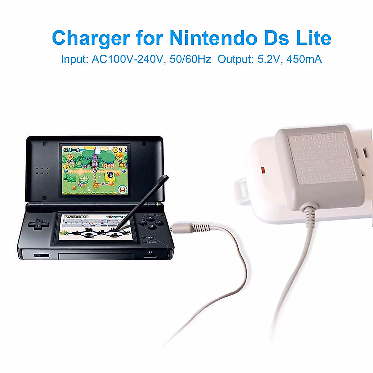 DS Lite Charger Kit, AC Power Adapter Charger and 4 Stylus Pen Compatible with Nintendo DS Lite, Wall Travel Charger Replacement for DS Lite(100-240v)