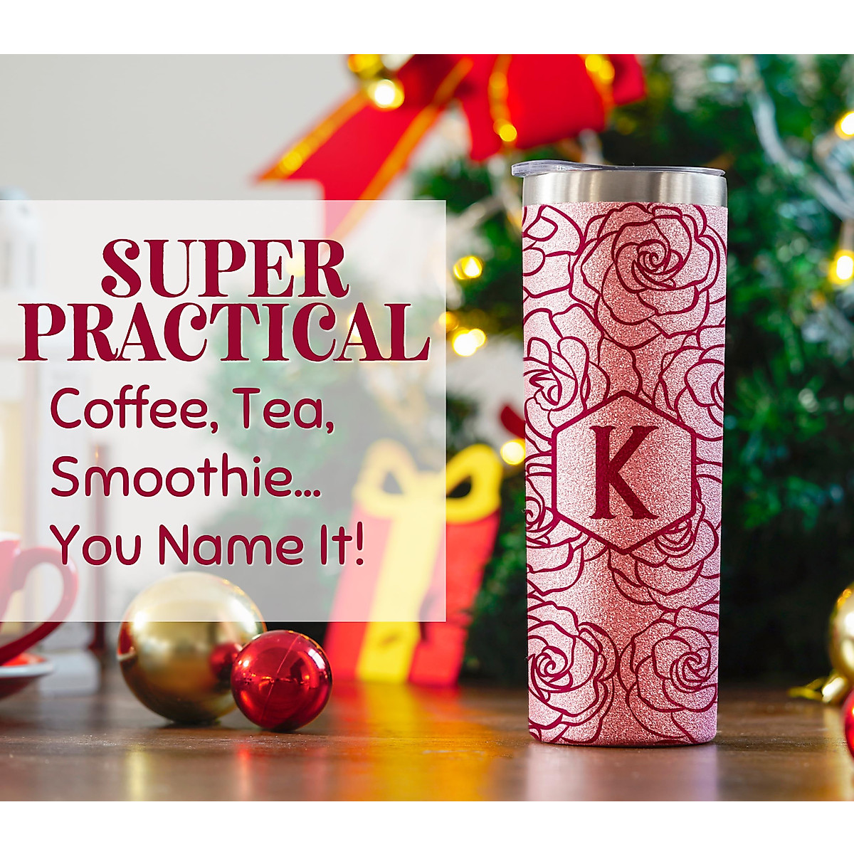 Onebttl Monogrammed Gifts for Women, Personalized Travel Mugs, Unique Coffee Tumbler with Initials for Her on Birthdays Christmas, Rose Gold, E