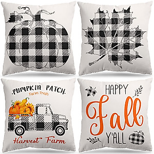 MingTa Happy Fall Pillow Covers 18x18 Set of 4, Linen Buffalo Plaid Maple Pumpkin Truck Farmhouse Thanksgiving Throw Pillow Covers Outdoor and Indoor, Pillow Cases for Sofa Couch Fall Home Decor