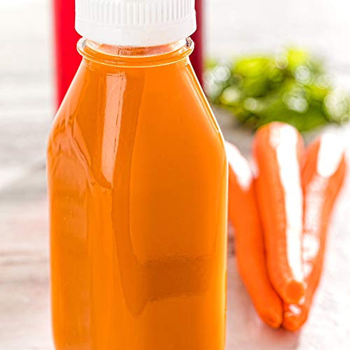 Restaurantware French Countryside 10 Ounce Juice Bottles 10 Square Juicing Bottles - With Tamper-Evident Caps Reusable Clear Glass Juicing Storage Bottles For Smoothies Milk Tea And More