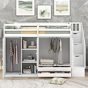 BIADNBZ Functional Twin Size Loft Bed with 3 Shelves, 2 Wardrobes and 2 Drawers,Wooden Bedframe with Storage Stairs for Teens/Bedroom,White