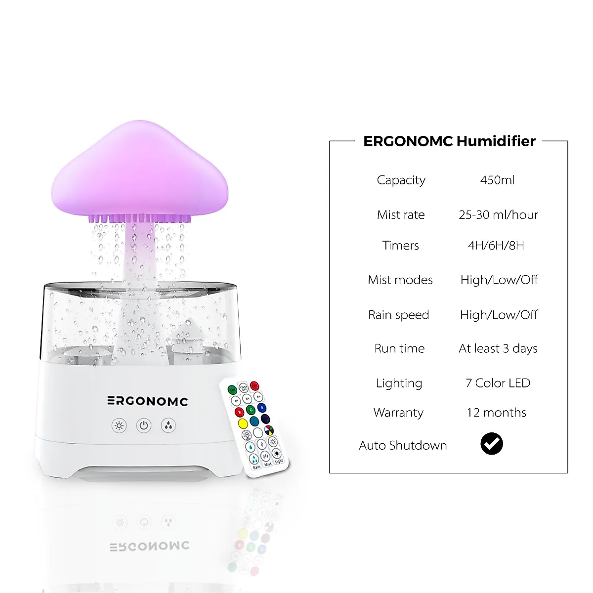 Rain Cloud Humidifier Water Drip, 2X Cool Mist Rate Ultrasonic Aromatherapy Diffuser by Ergonomc: Remote Controlled, 7 Color Night Light, 450ml, Auto Shut Off, Mushroom Humidifier, 1Yr Warranty