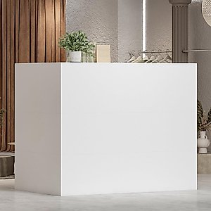 Hitow Modern Reception Desk Counter Table, L-Shap Reception Room Front Desk with Lockable Drawer & Open Shelves, Retail Counter for Salon Checkout Office, White (55.9" W x 32.3" D x 48.4" H)
