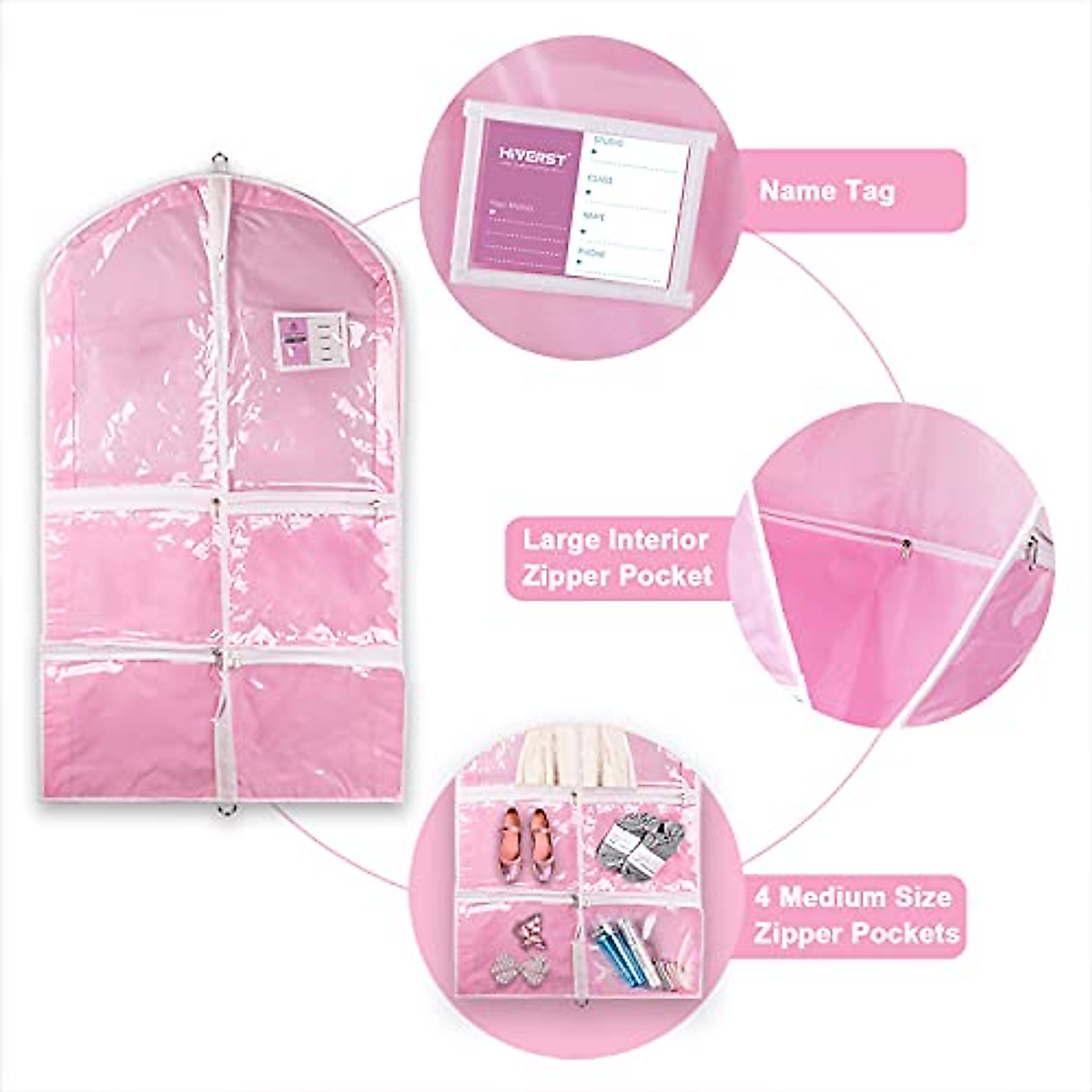 Hiverst Dance Garment Bag with Zipper Pockets Set, Dance Costume Recital Competition Bags Caddy, 38" Hanging Pink Dress Cover Wardrobe Storage Bag Pack with Clear Window for Kids, Girl Dancer…