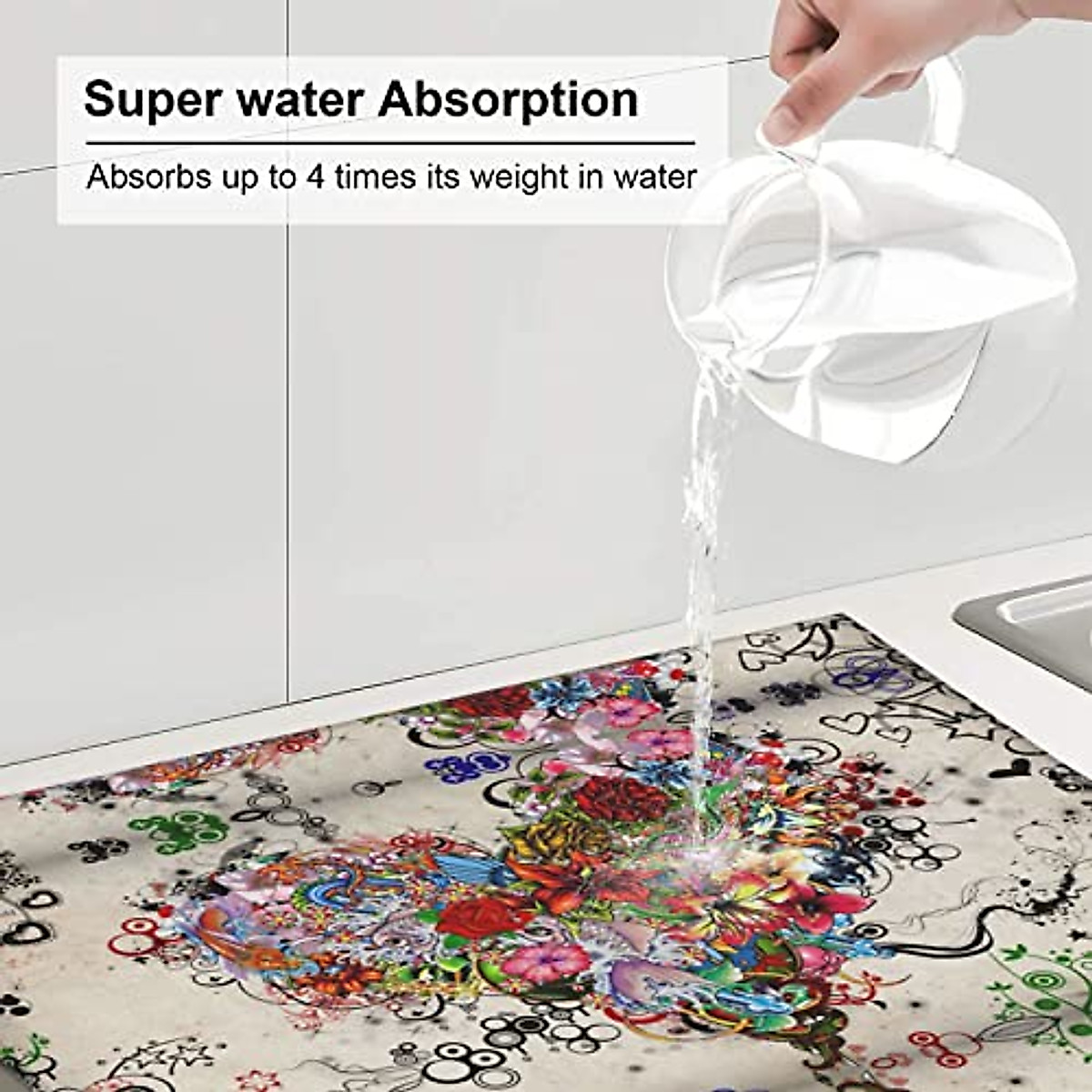 Love Heart Painting Printed Drying Mat For Kitchen Ultra Absorbent Microfiber Dishes Drainer Mats Non-Slip Silicone Quick Dry Pad - 18 X 16inch