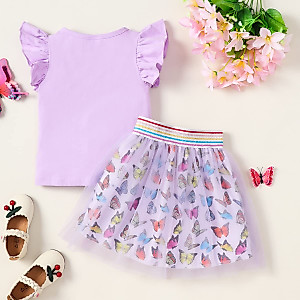 RETSUGO Baby Girls Skirt Top Set Flutter Sleeve Butterfly Shirt Kids Tulle Tutu Dress Toddler 2PC Birthday Party Outfits Purple 7-8 Years