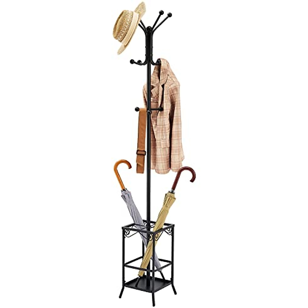 Hoctieon Coat Rack Freestanding,Entryway Coat Hanger Stand,Umbrella Holder,Hall Tree With 12 Hooks,Standing Coat Rack,Floor Standing Metal Umbrella Tree Stand, Black