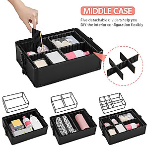 Yaheetech 4 in 1 Professional Makeup Train Case Aluminum Cosmetic Case Rolling Makeup Case Extra Large Trolley Makeup Travel Organizer, with 360° Swivel Wheels, Black