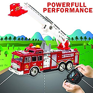 Toysery Remote Control Fire Truck Toy, Realistic Rc Trucks Toddler Toys, Siren Head Toy with Vivid Lights, Bump and Go Red Fire Trucks for Kids, Big Fire Truck with Extending Fire Ladder