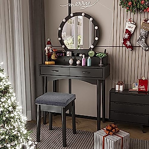 ISHARINGTIME Vanity Table, Vanity Desk with Lighted Mirror, 4 Drawers Makeup Table with Soft Cushioned Stool for Bedroom Studio (Black) TYVT010BK