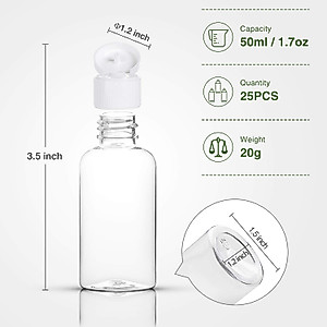 50ML Plastic Empty Bottles Clear Travel Containers Travel Size Bottles with Flip Cap, HDPE Squeezable Refillable Toiletry/Cosmetic Bottles - Set of 25 - Oval Design (clear)