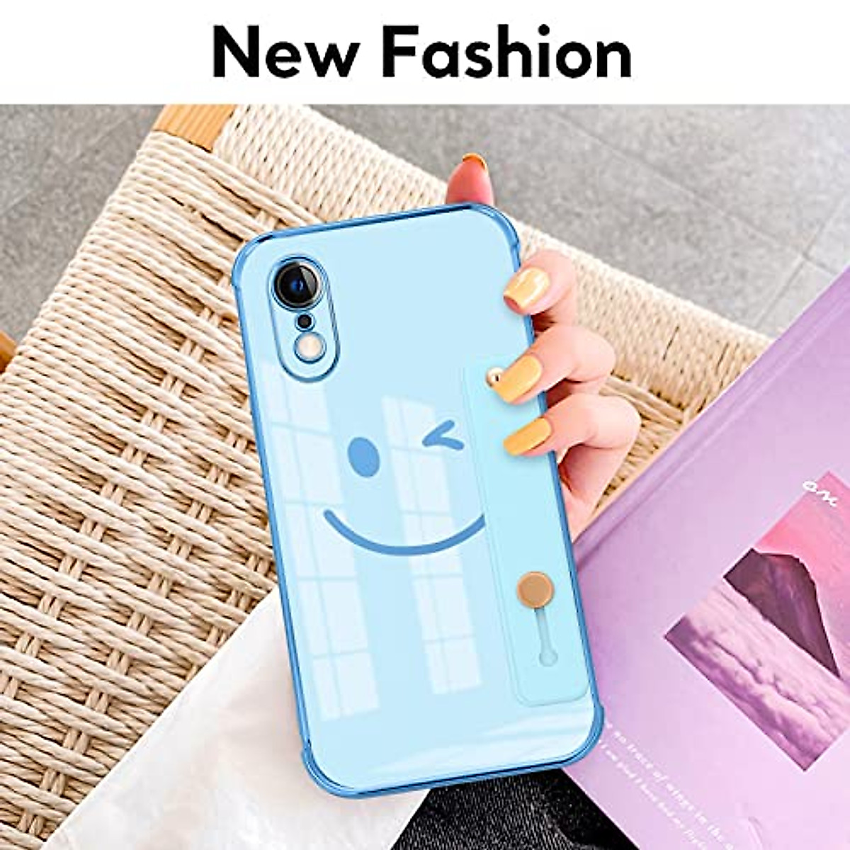 Uioeua Compatible with iPhone XR Case with Smiley Face Pattern,Soft TPU Cute Plating Wristband Holder Case Camera Lens Protection Side Small Pattern Shockproof Wrist Strap Case Women Girls-Sky Blue