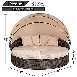 Omelaza Outdoor Round Daybed Sofas Patio Furniture with Retractable Canopy, Brown Wicker, 4 Pieces Seating Separates Cushioned Sectional Sofa, and 1 Round Center Table, for Lawn, Poolside, Garden