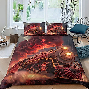ERGTT Aerial Train Comforter Covers 3D Print Steam Quilt Cover for Teens and Adults Duvet Cover Bedding Set Soft Microfiber with Zipper Closure with Pillow Cases 3 Pieces Full（203x228cm）