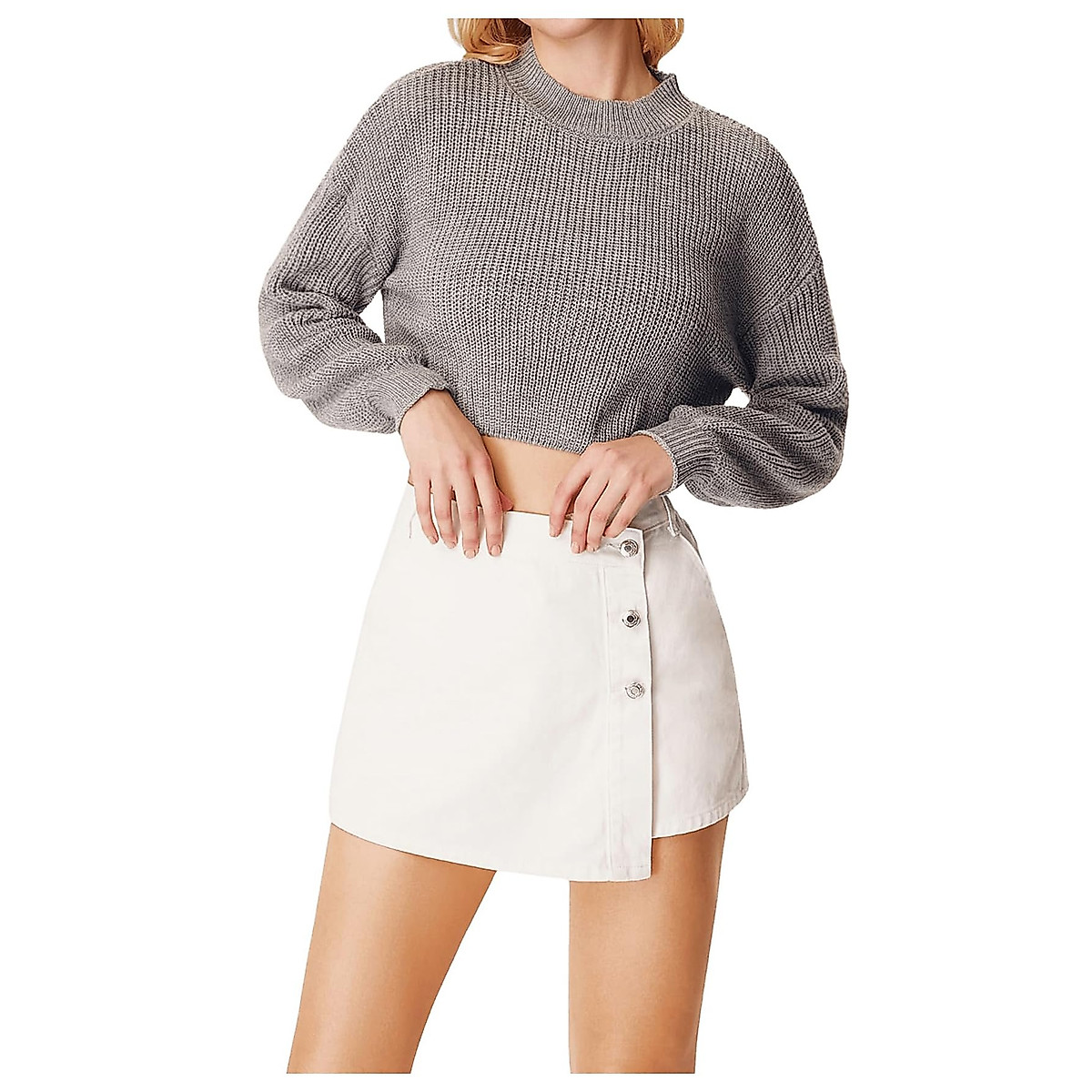 WDIRARA Women's High Waisted Button Front Denim Skort Asymmetrical Hem Skirt Shorts White XL