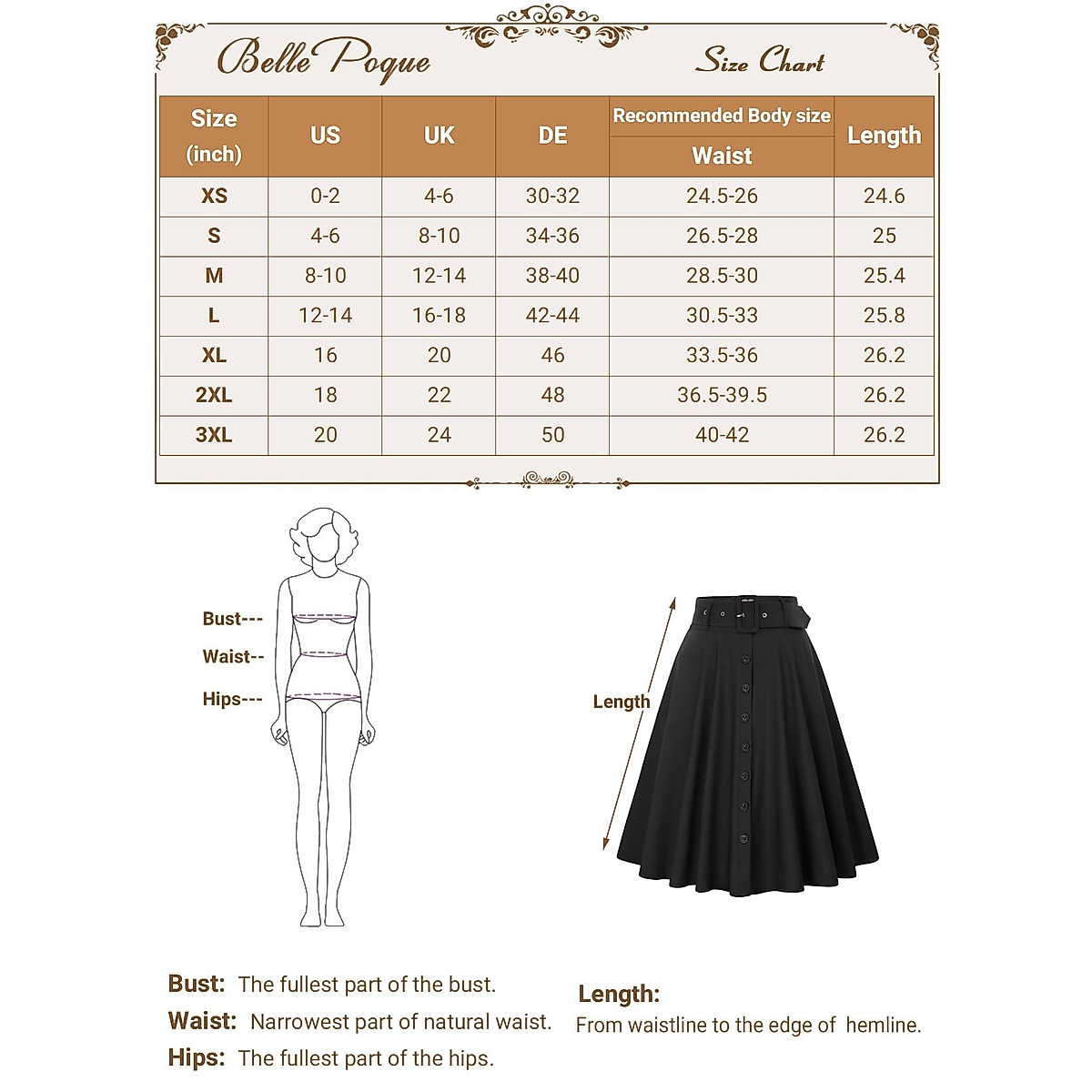 Women's Vintage High Waisted A-Line Skirts Flowy Long Skirt with Pockets and Belts Black XL