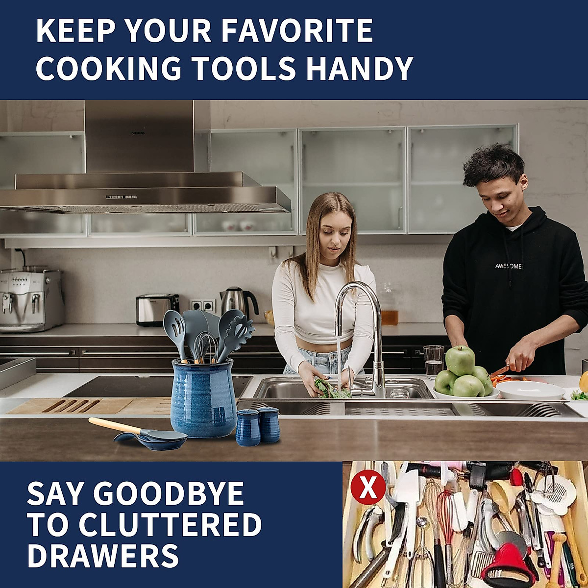 Hasense Navy Utensil Holder and Blue Spoon Rest Bundle