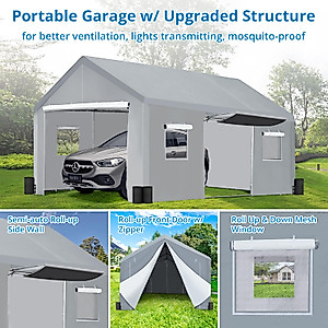 Garvee Carport, 10'x 20' Heavy Duty Carport Canopy with Semi-Auto Ventilated Windows & Roll-up Door w/Zipper, Portable Garage with Steel Frame and Waterproof UV-Treated Cover for Car, Boats, Truck