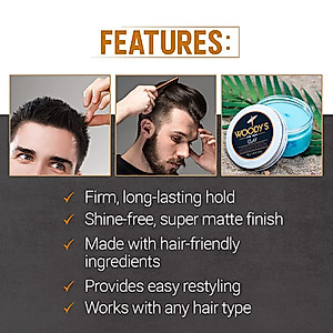 Woody's Premium Matte Finish Clay for Men, Firm & Flexible Hold, Sculpt, Define & Texturize, 3.4 Oz