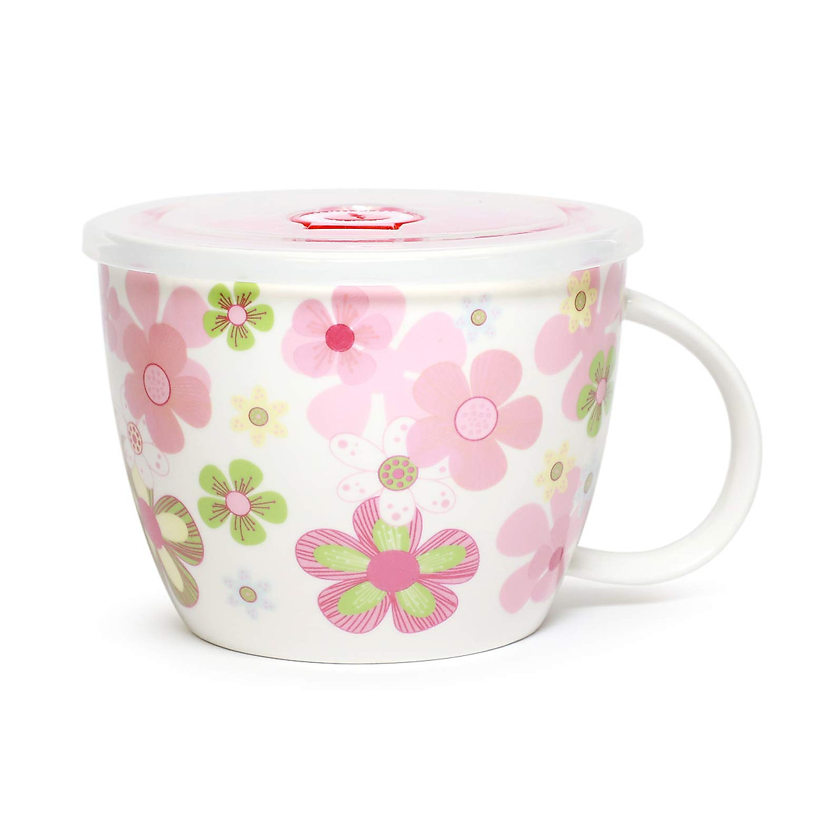 Microwavable Ceramic Noodle Bowl with Handle and Seal Fine Porcelain Floral Design (CherryBlossom)