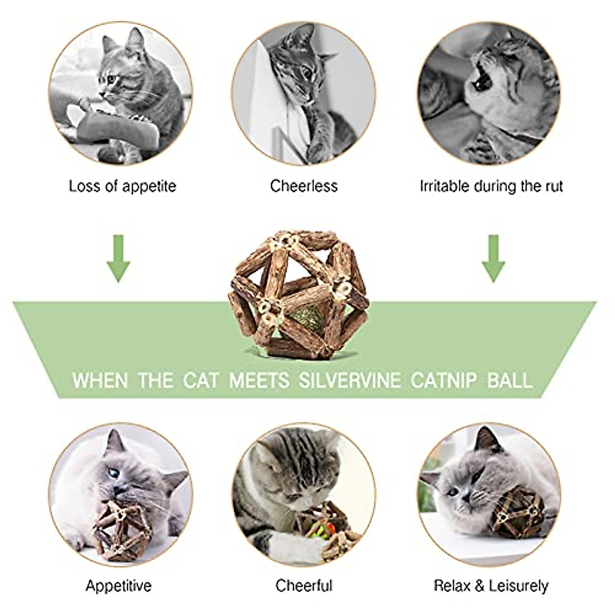 Gochanmon Catnip Toys-2Pcs Natural Silvervine Stick Catnip Ball&Bell Ball-Cat Toys for Indoor Cats- Cleaning Teeth Molar Tools Matatabi Cat Chew Toy-Kitten Toys